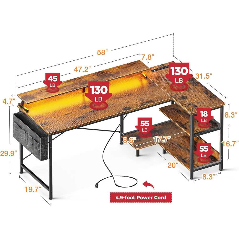 48 inch L-Shaped Desk Featuring USB Charging, LED Lights, and Smart ...