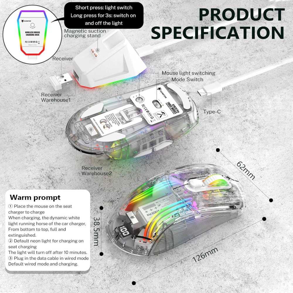 Transparent RGB Wireless Mechanical Gaming Mouse | TekChoice Electronics