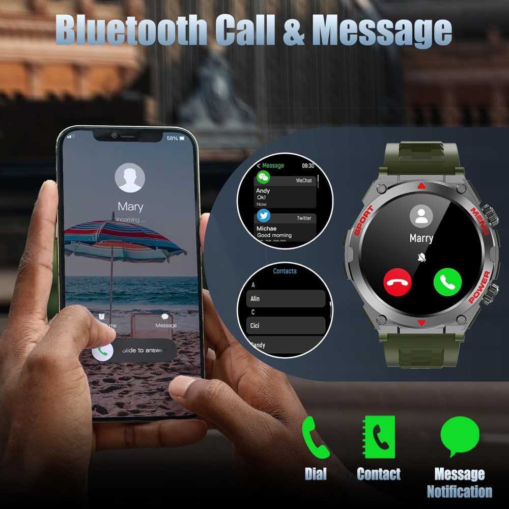 1.52 inch Touch Screen Tactical Smartwatch for iPhone and Android ...