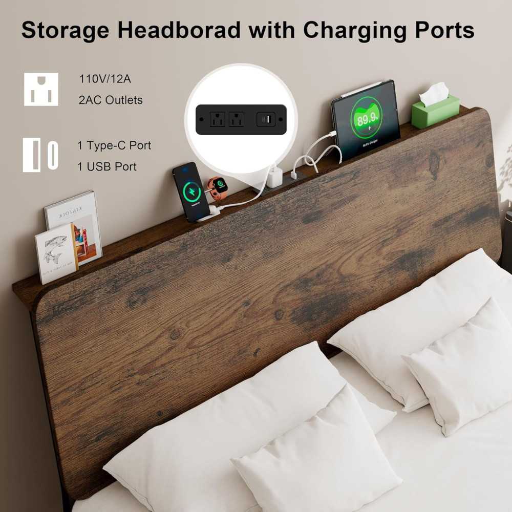 Smart LED Bed Frame with Ergonomic Storage Headboard and Charging ...
