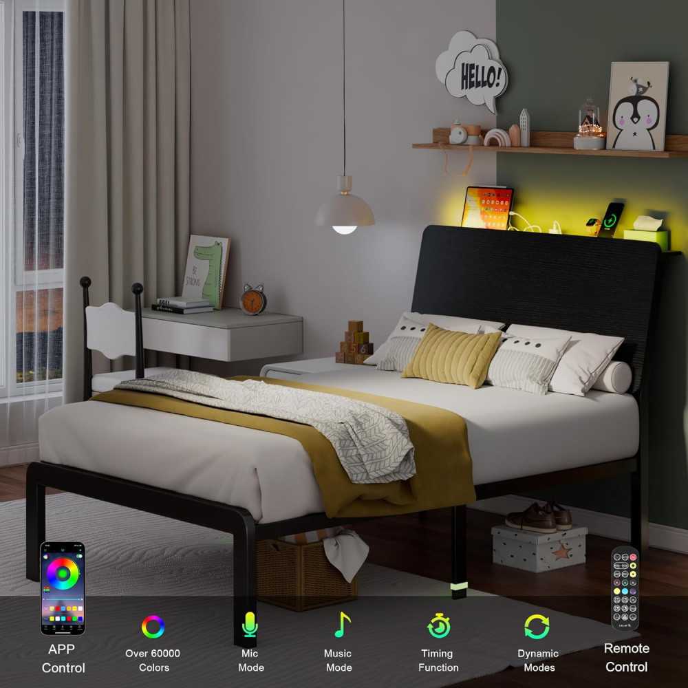 Smart LED Bed Frame with Ergonomic Storage Headboard and Charging ...
